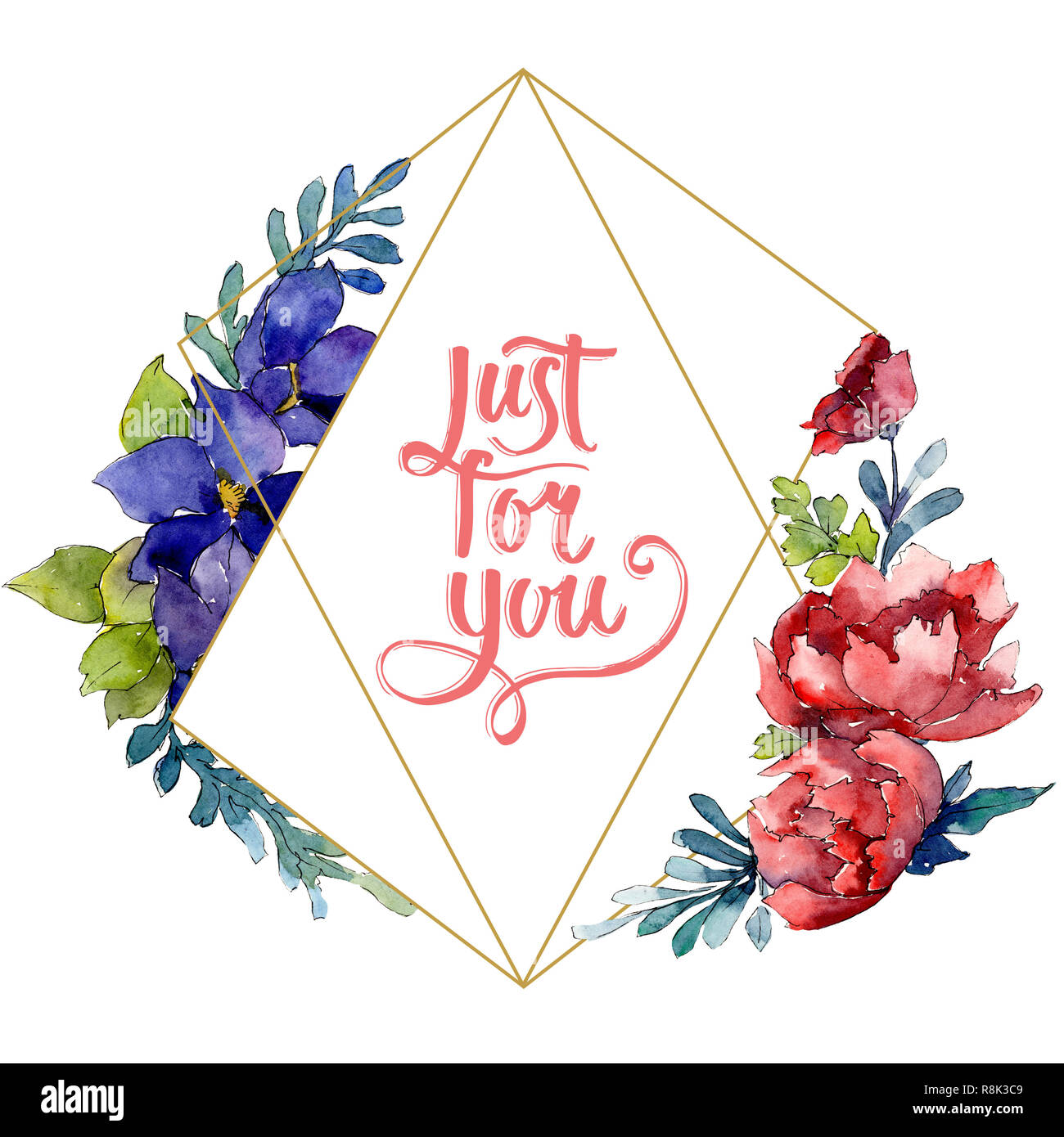 Red and blue bouquet botanical flower. Watercolor background ...