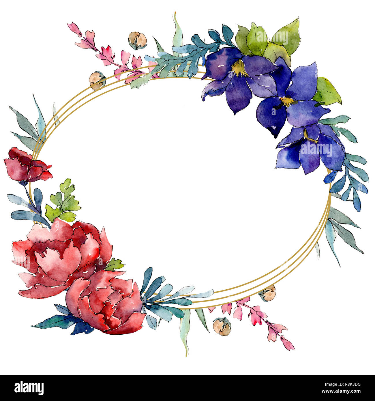 Red and blue bouquet botanical flower. Watercolor background ...