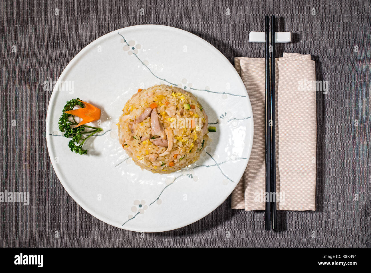 Salted rice with vegetables and roasted chicken, fusion cousine Stock ...