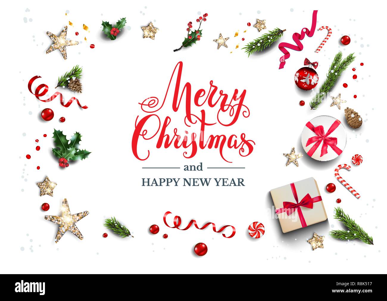 Holiday card with festive card and decorations balls, stars, snowflakes ...