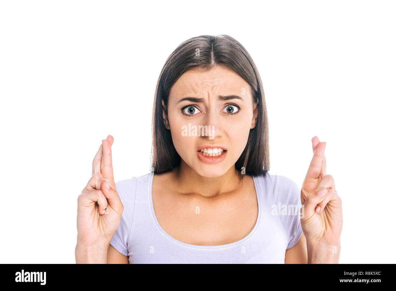 portrait of emotional woman gesturing isolated on white Stock Photo - Alamy