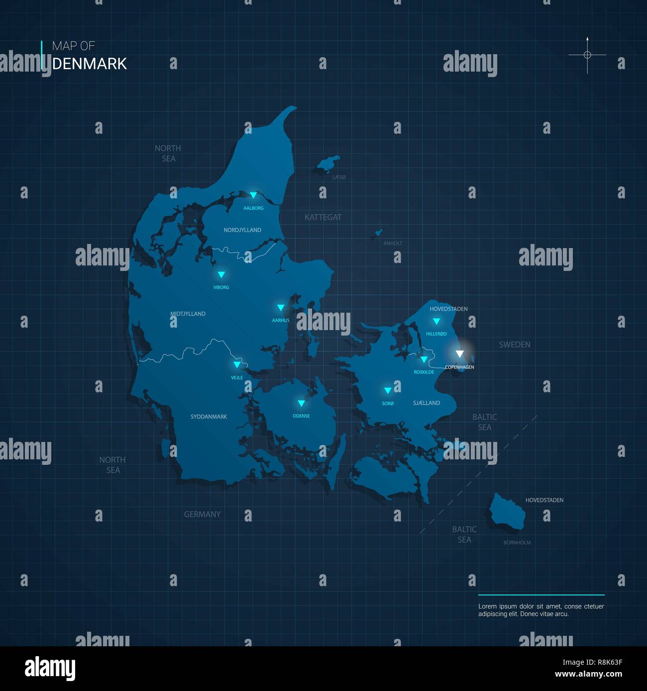 Vector Denmark map illustration with blue neon lightpoints - triangle ...