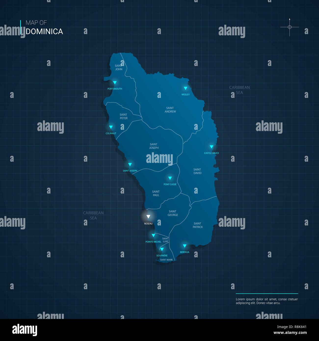 Vector Dominica map illustration with blue neon lightpoints - triangle ...