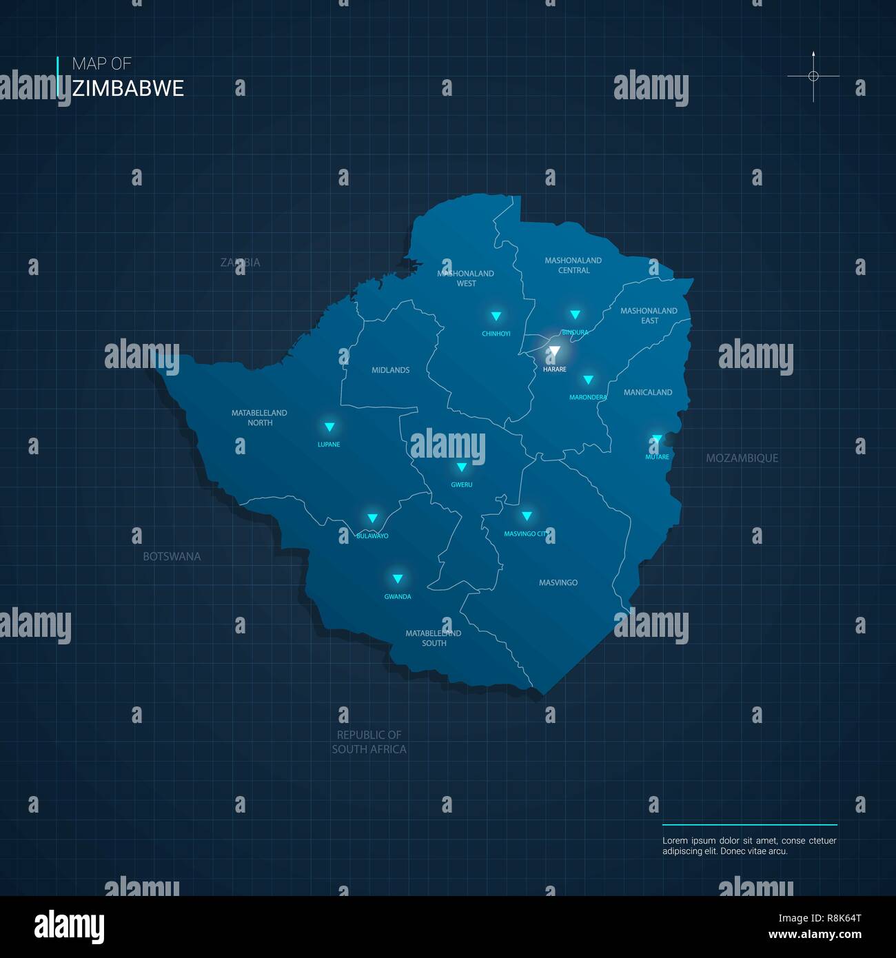 Vector Zimbabwe map illustration with blue neon lightpoints - triangle ...