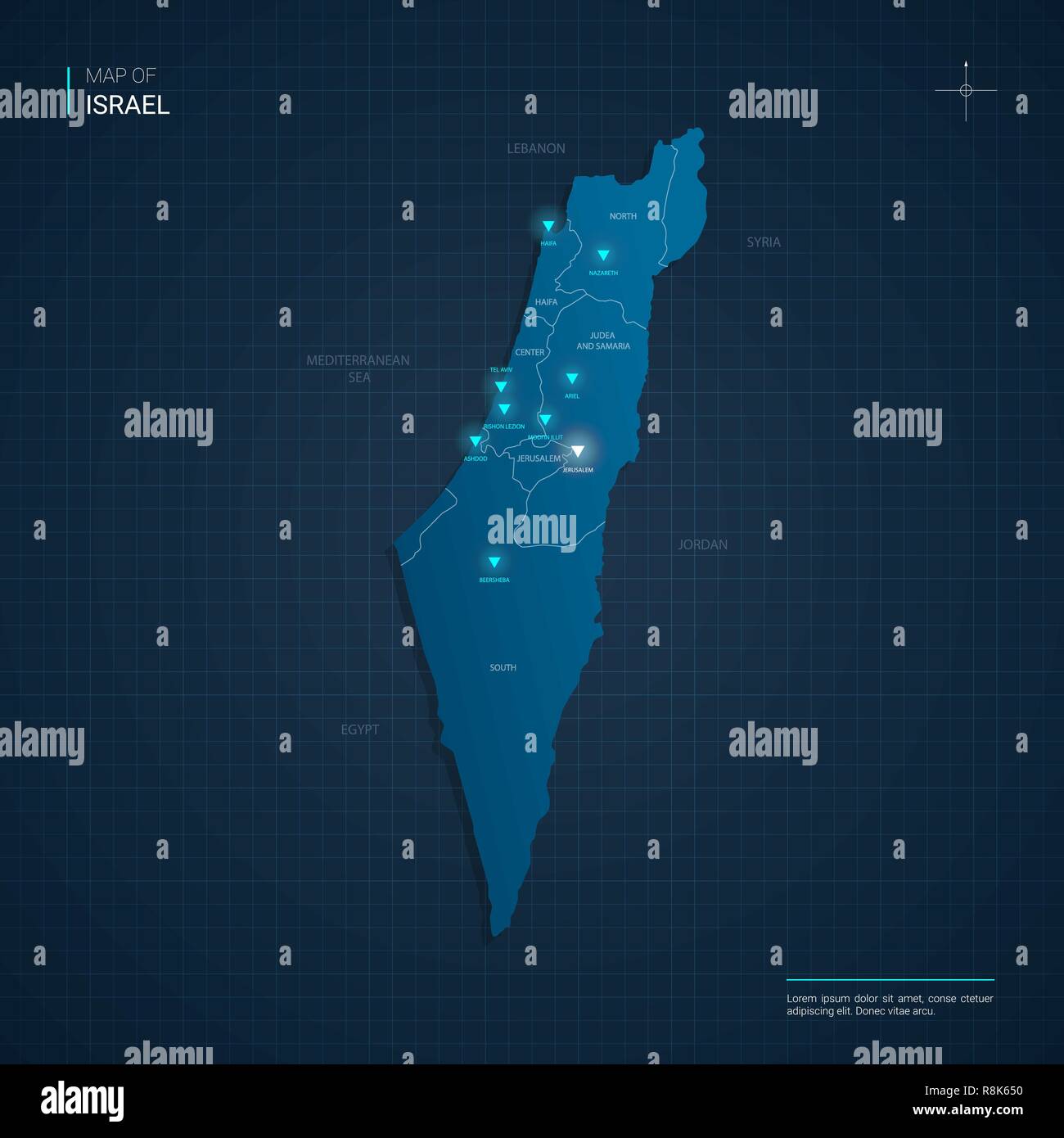 Vector Israel map illustration with blue neon lightpoints - triangle on ...