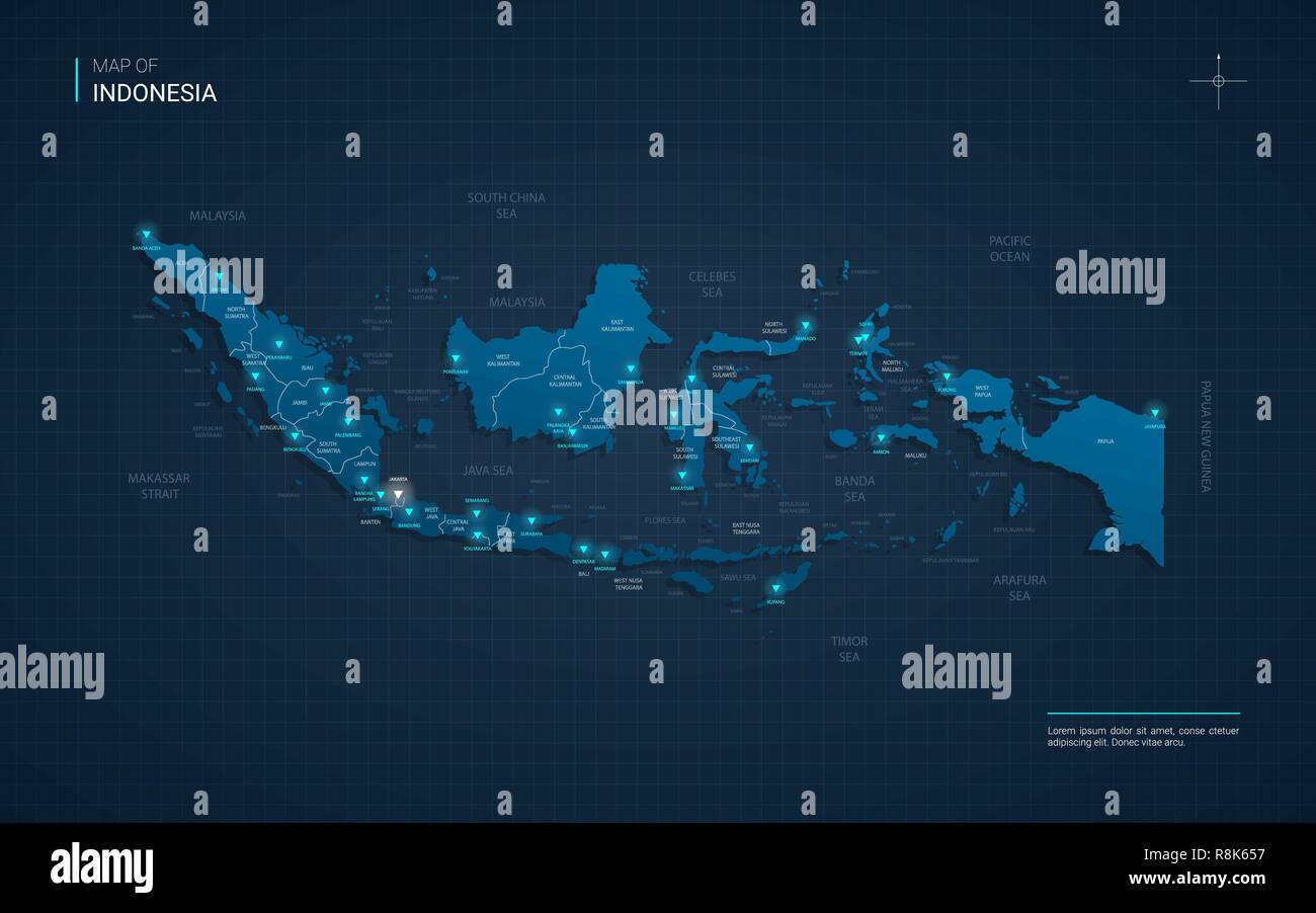 Vector Indonesia map illustration with blue neon lightpoints - triangle ...