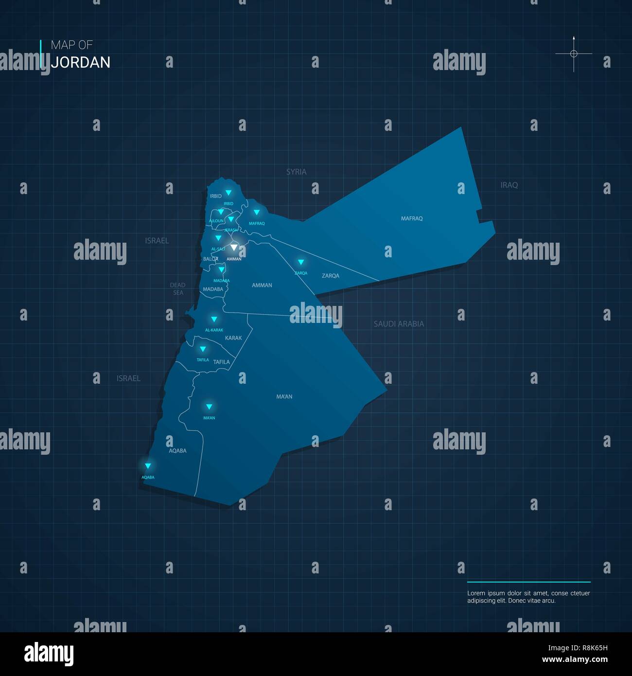 Vector Jordan map illustration with blue neon lightpoints - triangle on ...