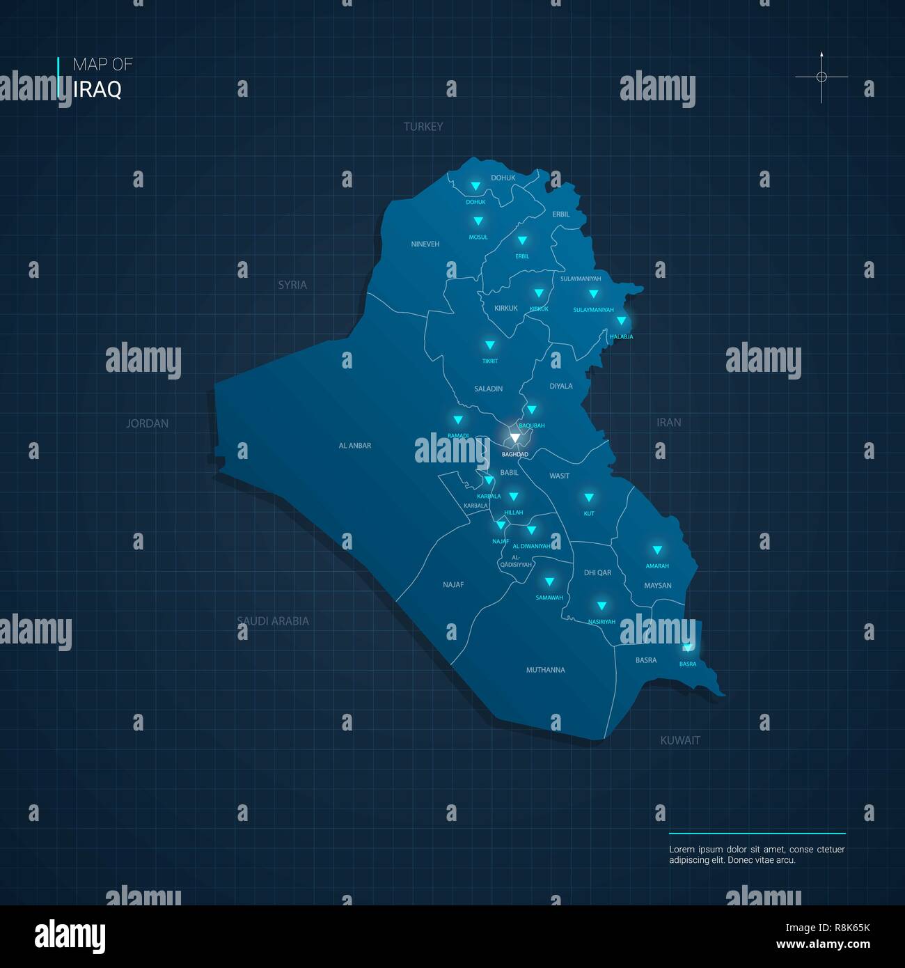 Vector Iraq map illustration with blue neon lightpoints - triangle on ...