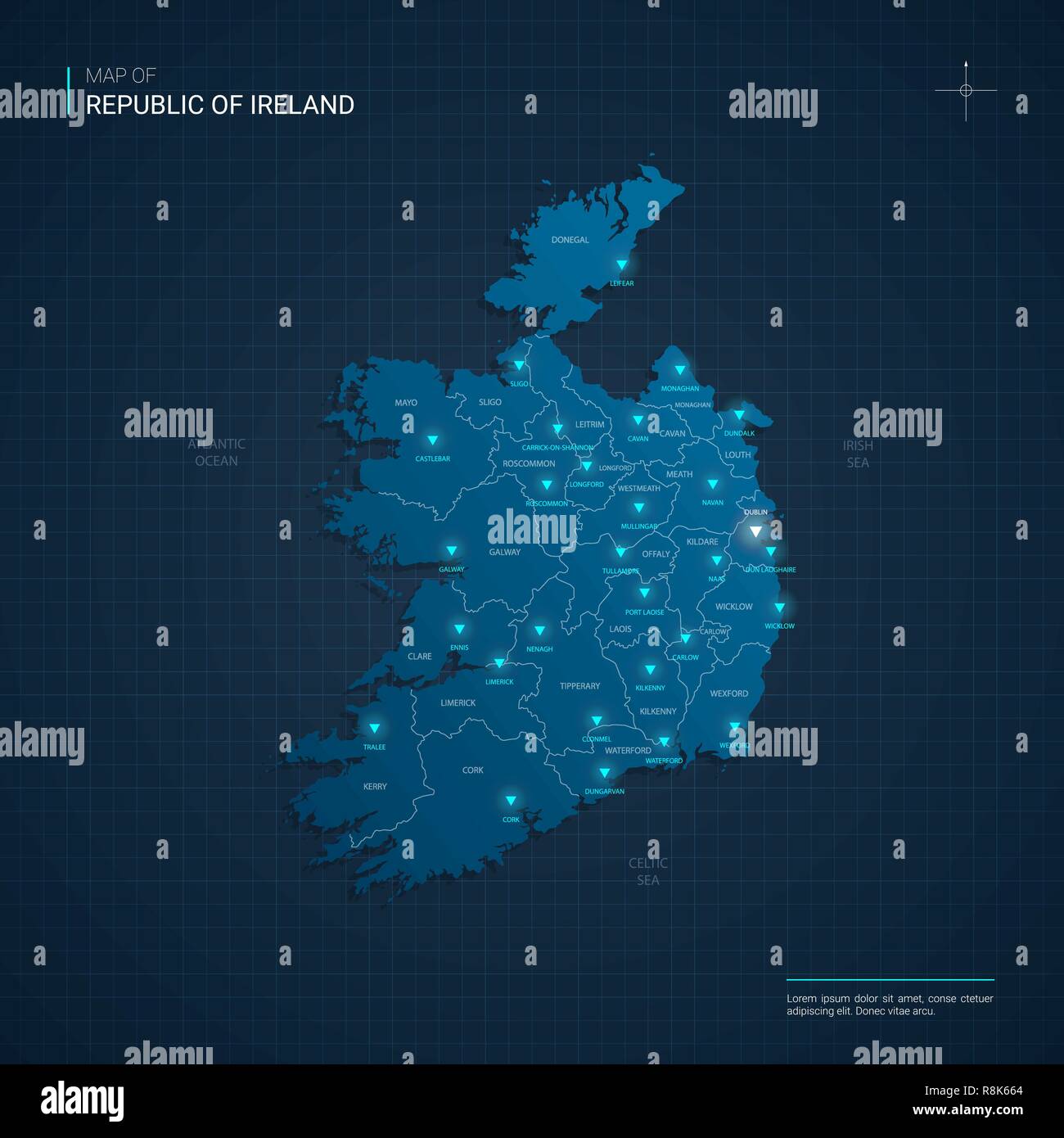Vector Republic of Ireland map illustration with blue neon lightpoints ...