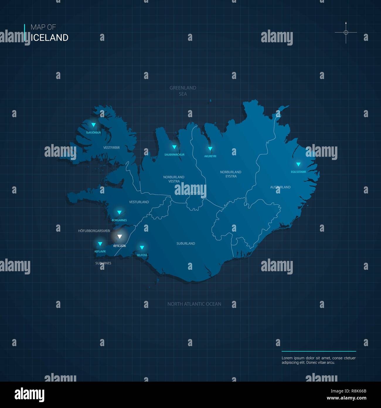 Vector Iceland map illustration with blue neon lightpoints - triangle ...