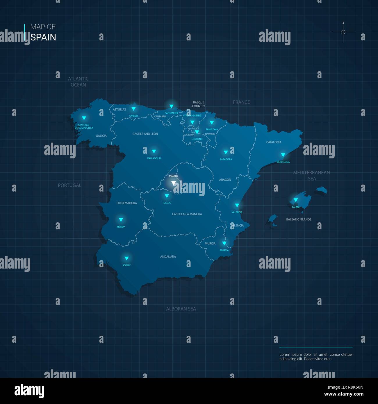 Vector Spain map illustration with blue neon lightpoints - triangle on ...