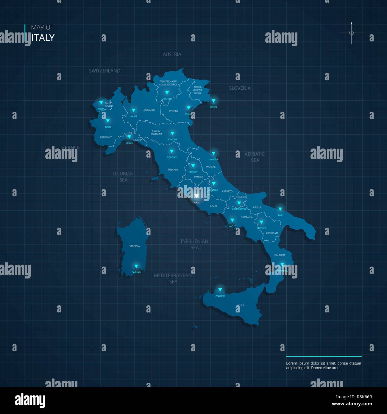 Vector Italy map illustration with blue neon lightpoints - triangle on ...