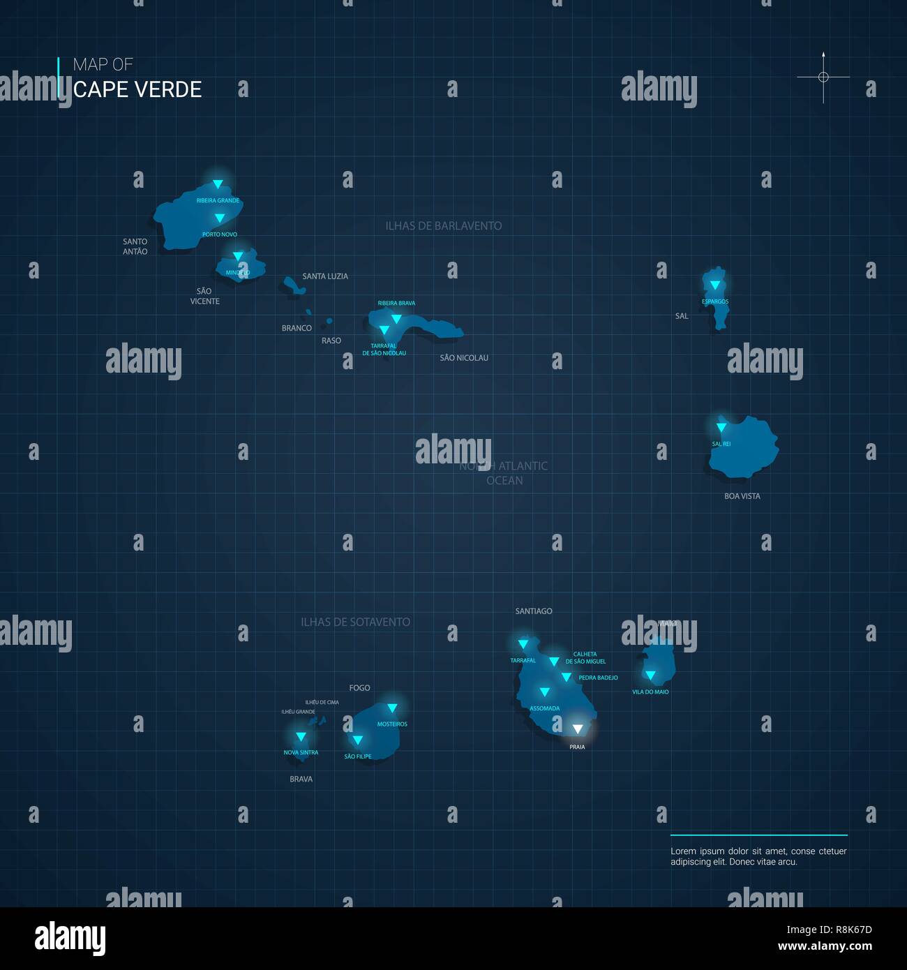 Vector Cape Verde map illustration with blue neon lightpoints ...