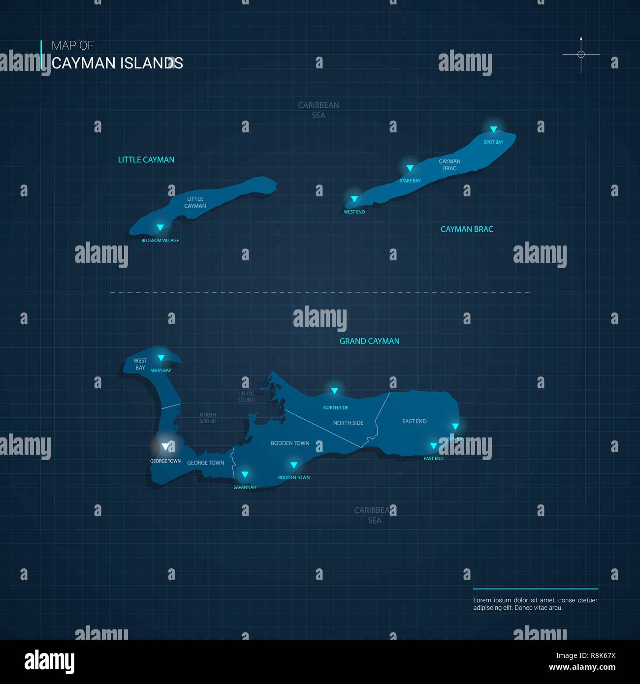 Vector Cayman islands map illustration with blue neon lightpoints ...