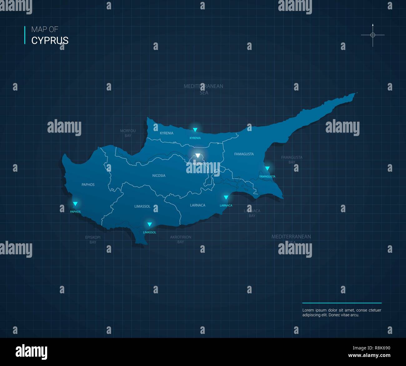 Vector Cyprus map illustration with blue neon lightpoints - triangle on ...