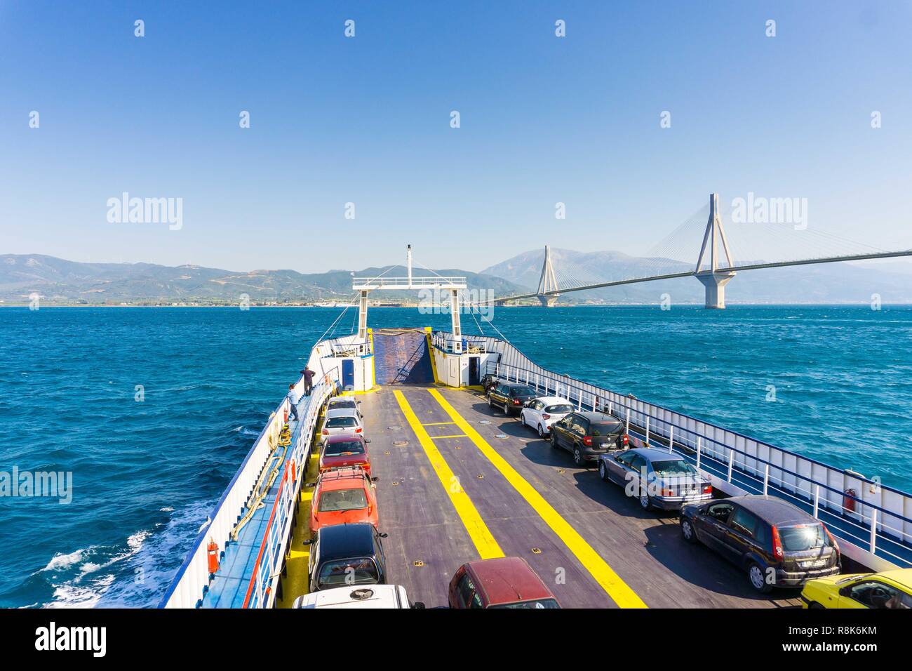 Traveling by ferry boat of Rio at Patra, Greece. Rio- Antirio cable ...