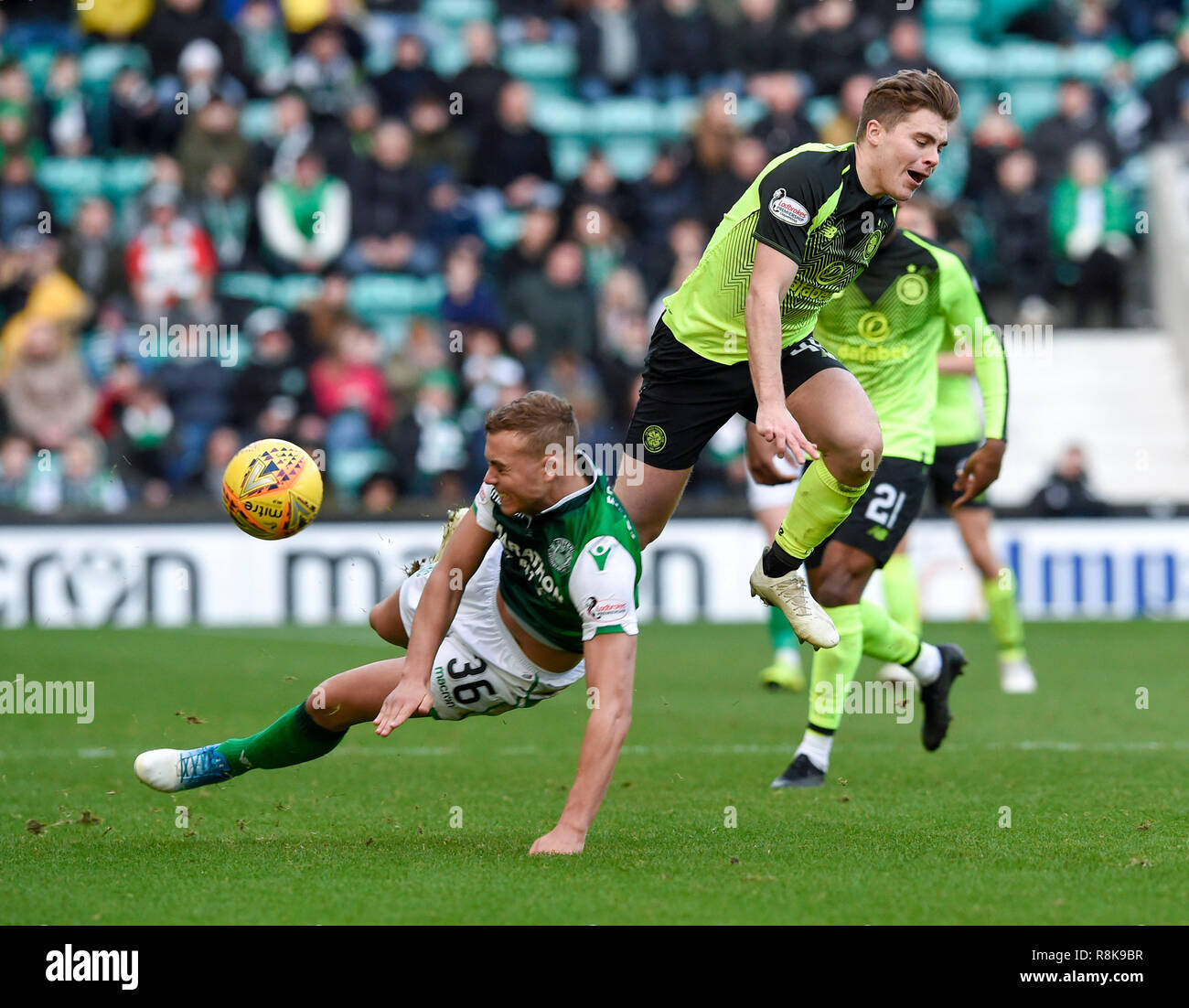 Hibernian's Ryan Porteous tackles Celtic's James Forrest during the ...