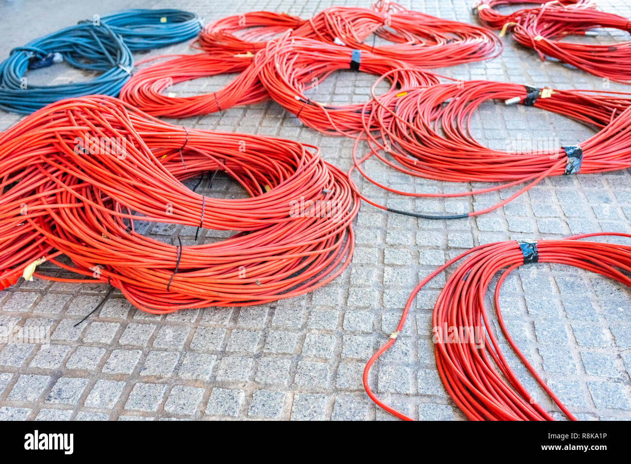 Large rolls of data cables ready to connect television data center ...