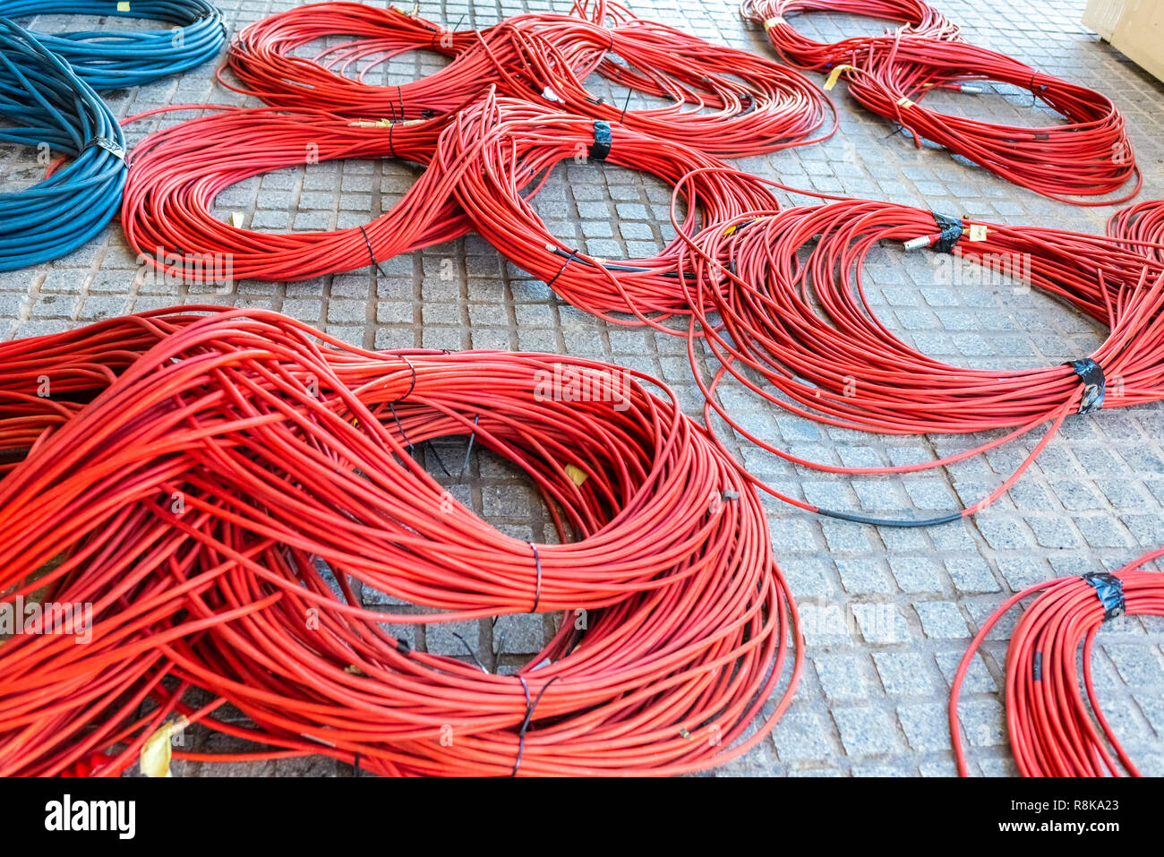Large rolls of data cables ready to connect television data center ...