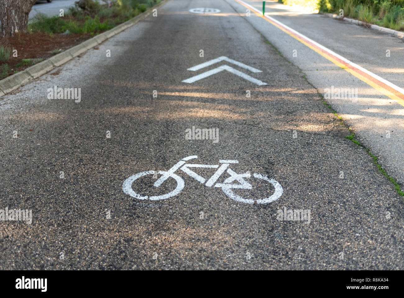 Traffic sign painted on the ground indicating bike lane Stock Photo - Alamy