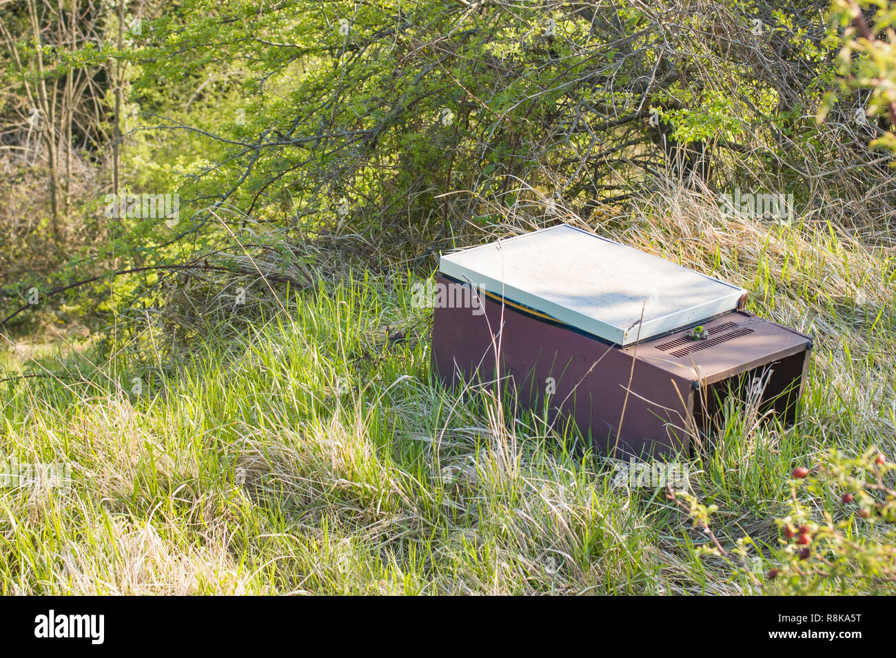 An old refrigerator laying in the grass, left in the Nature by ...