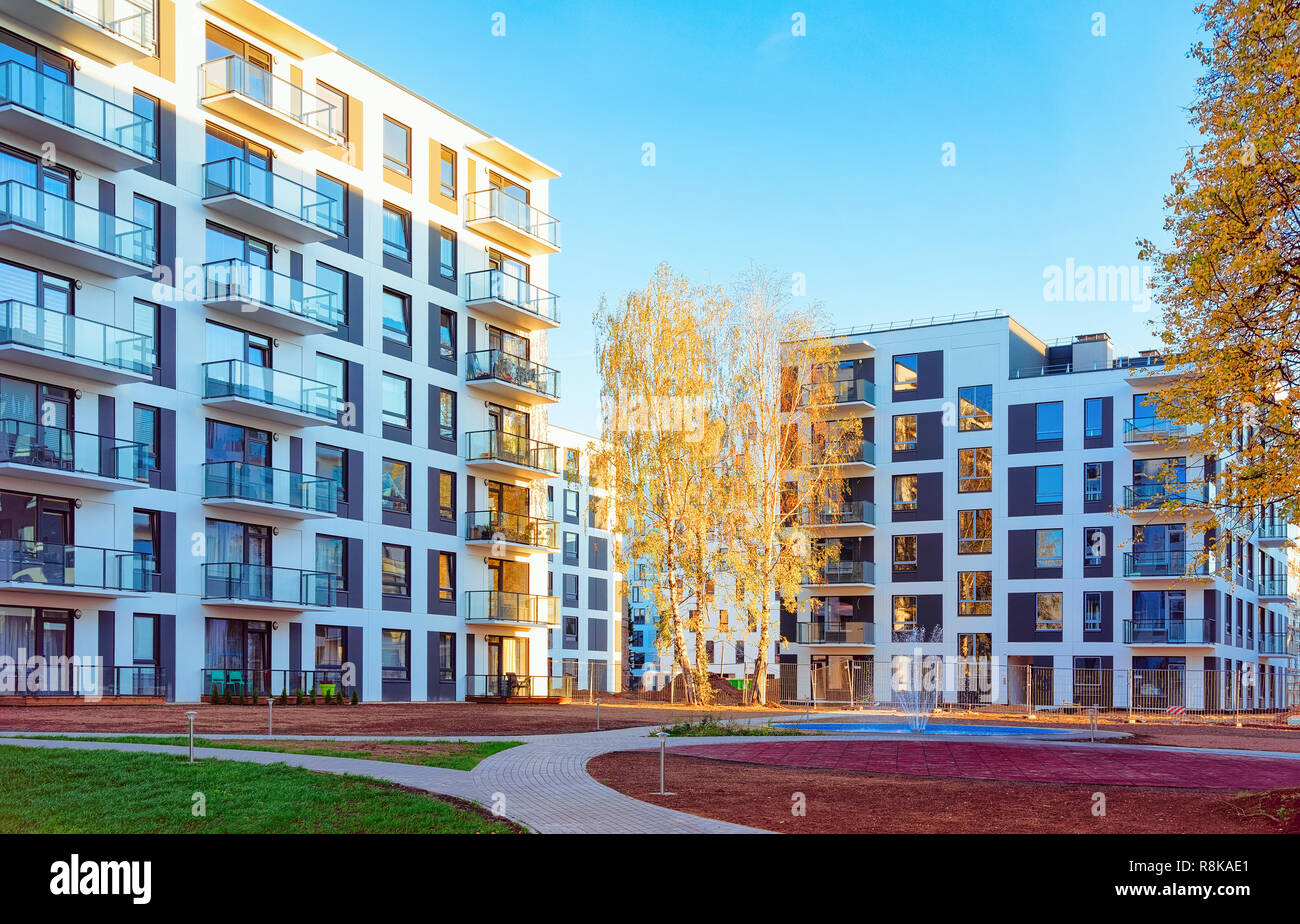 Apartment home new residential building outdoor concept. Street and ...