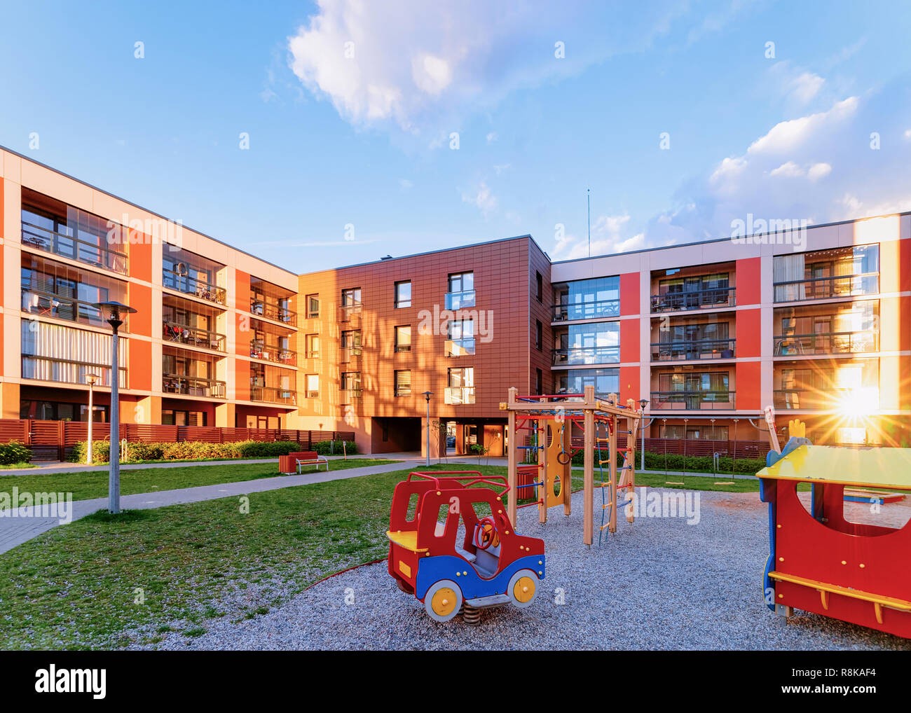 Apartment house and home buildings complex concept. Street with ...