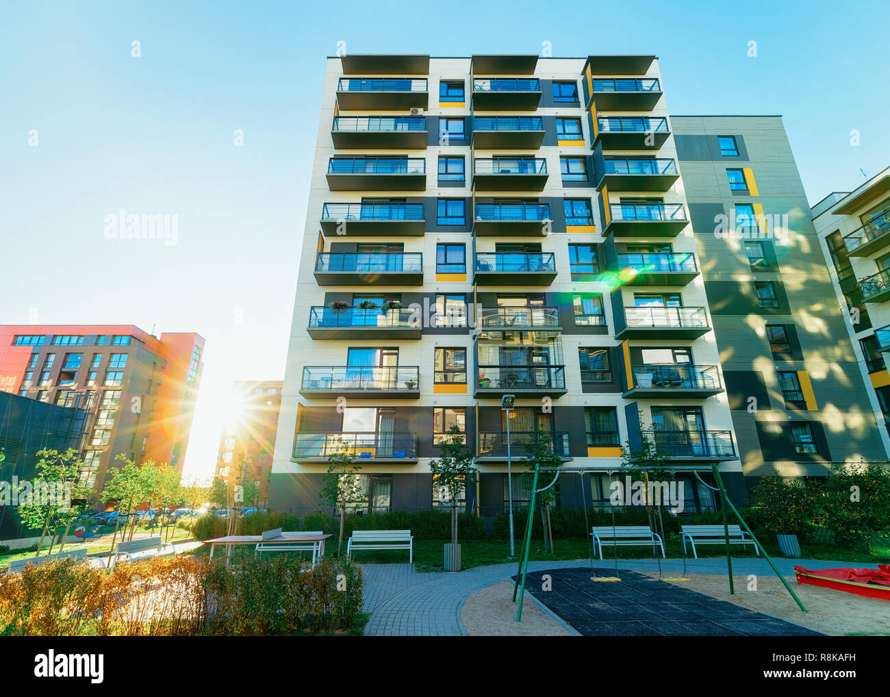 Apartment house buildings complex concept. Street with children ...