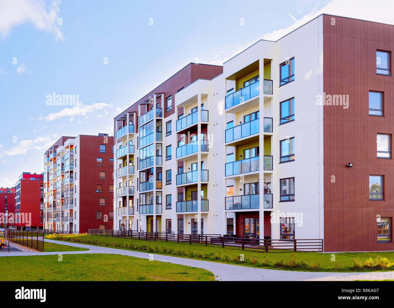 Apartment home residential building outdoor concept. Street and ...