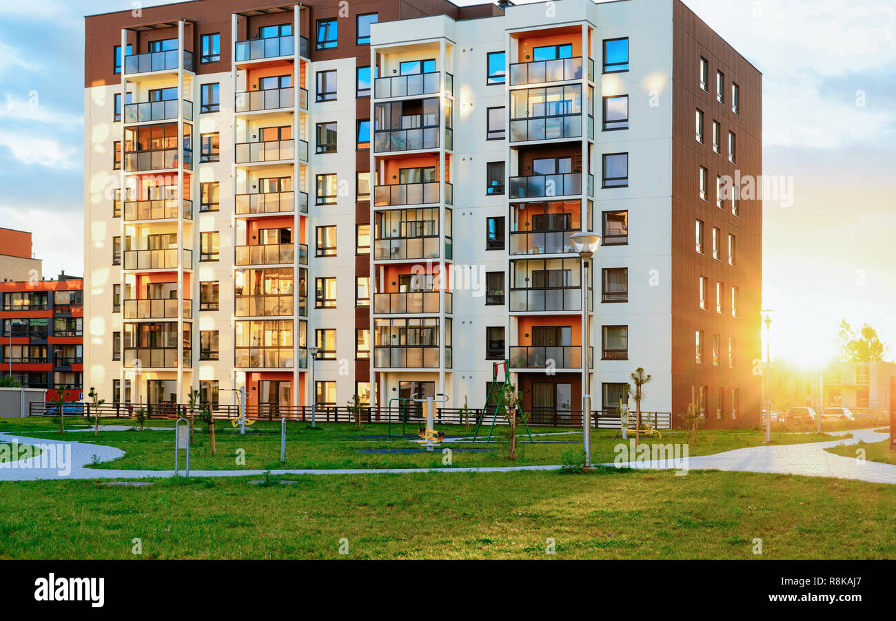 Apartment house residential building outdoor concept. Street and ...