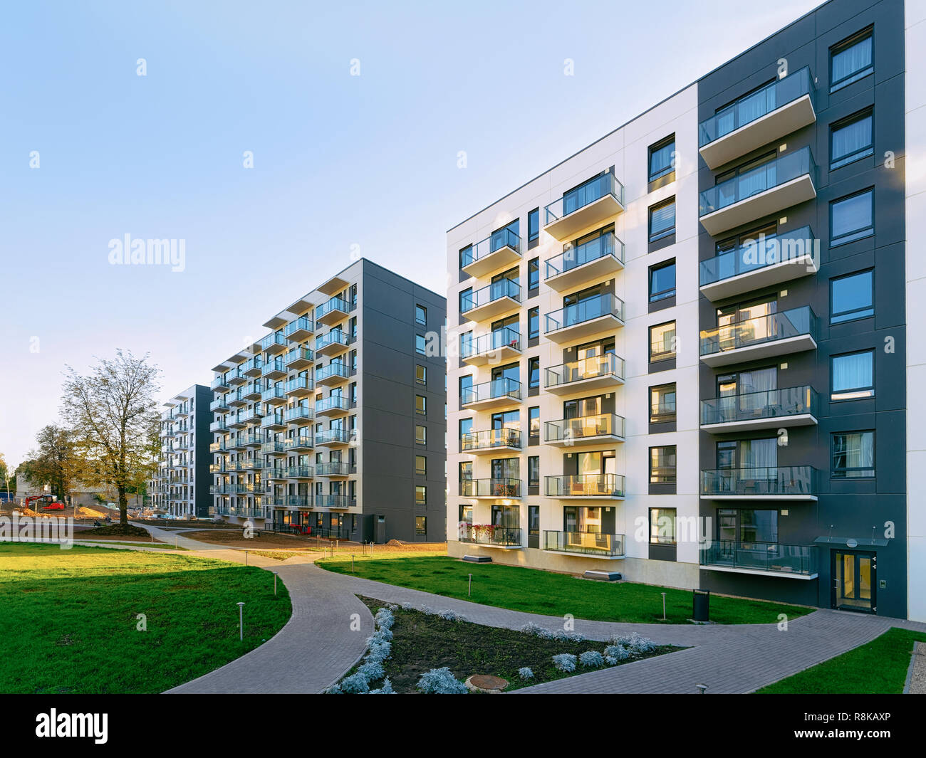 New apartment house residential building outdoor concept. Street and ...