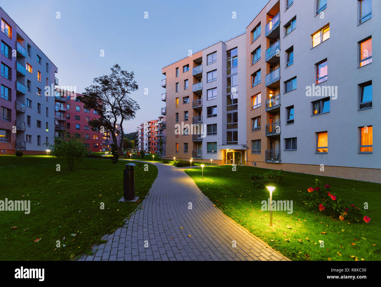 Modern residential apartment flat home building complex block with ...