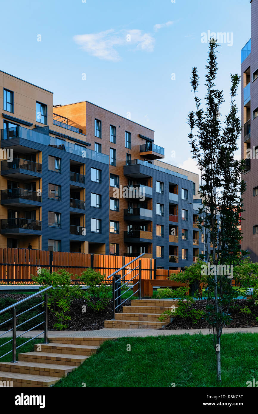 Modern residential apartment house home building complex and outdoor ...