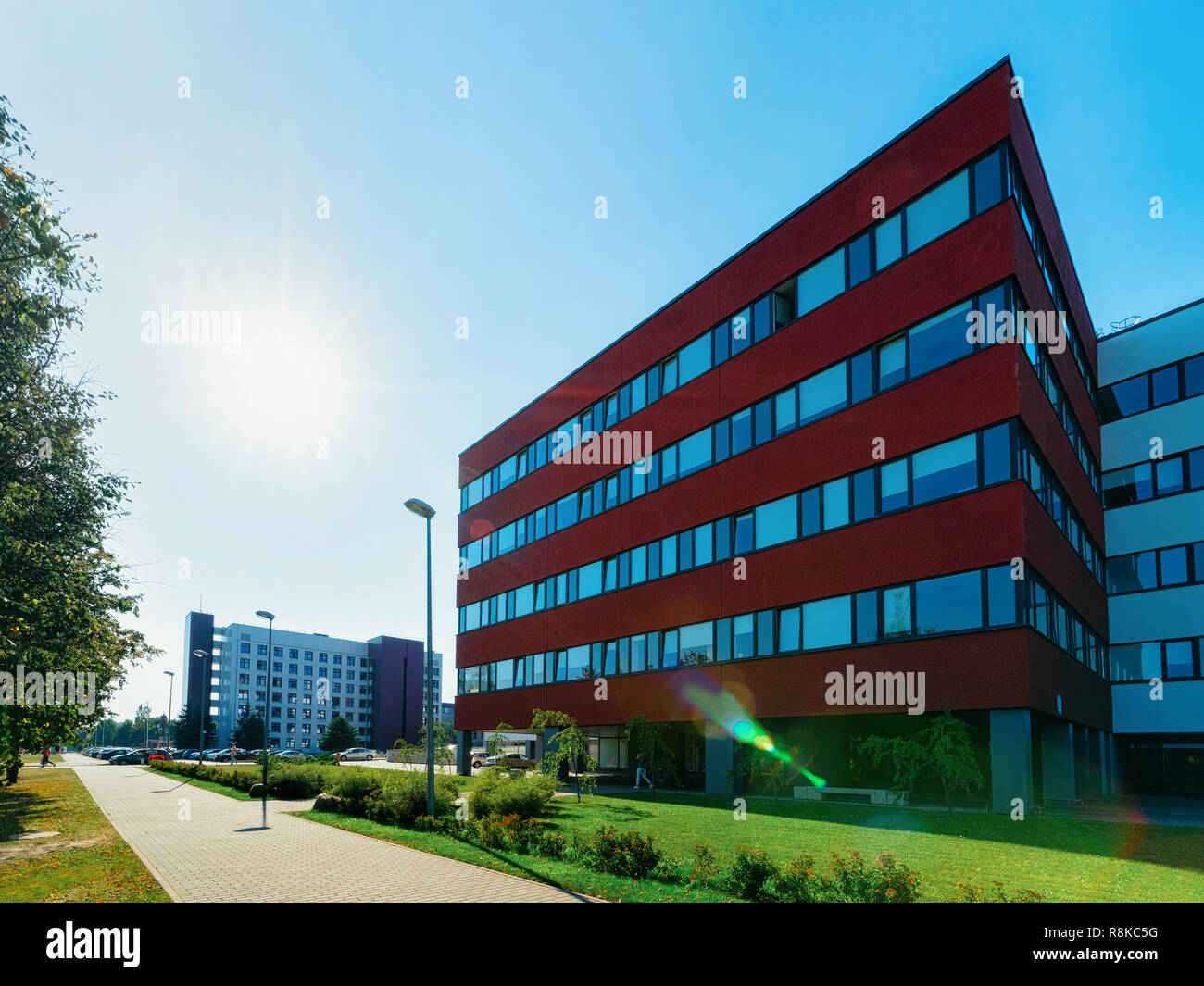 Sunset and Modern corporate business office building skyscraper concept ...