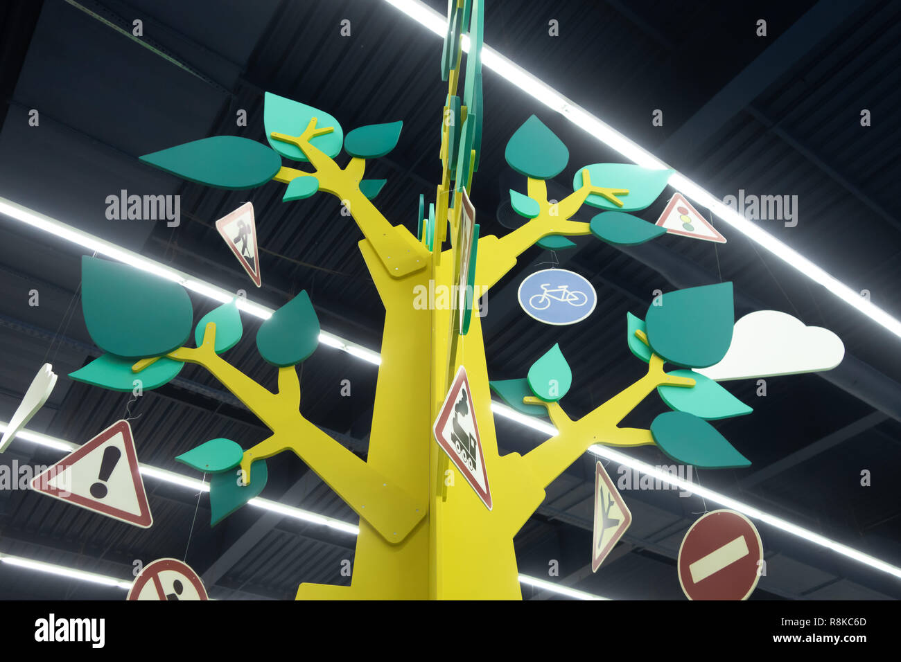 A beautiful baby tree with a yellow trunk and green leaves and road ...