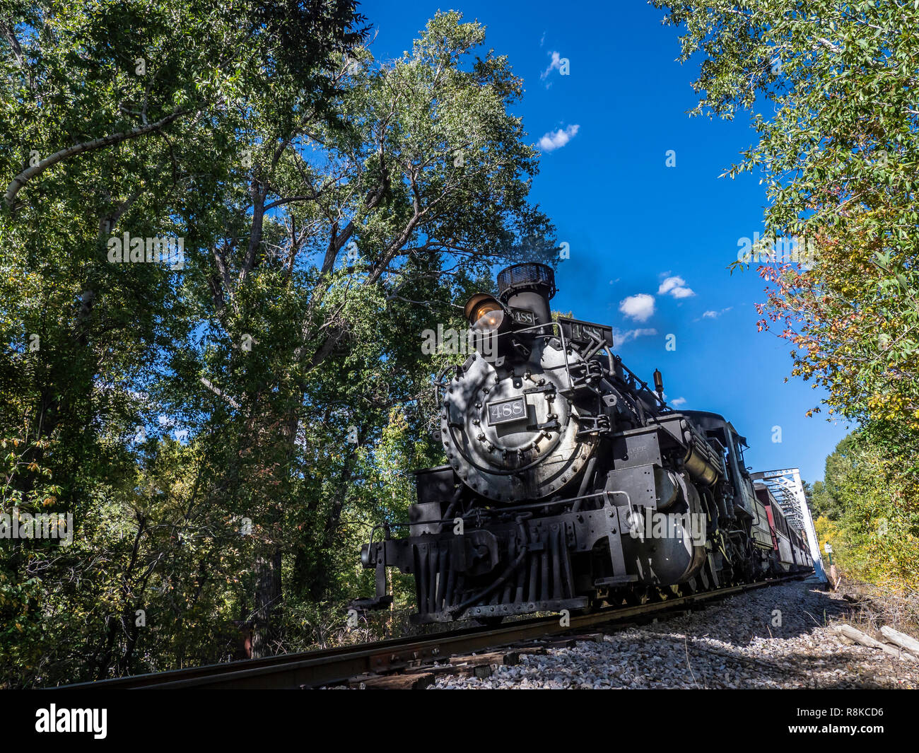 Train crosses the Chama River (Rio Chama), Cumbres & Toltec Scenic ...