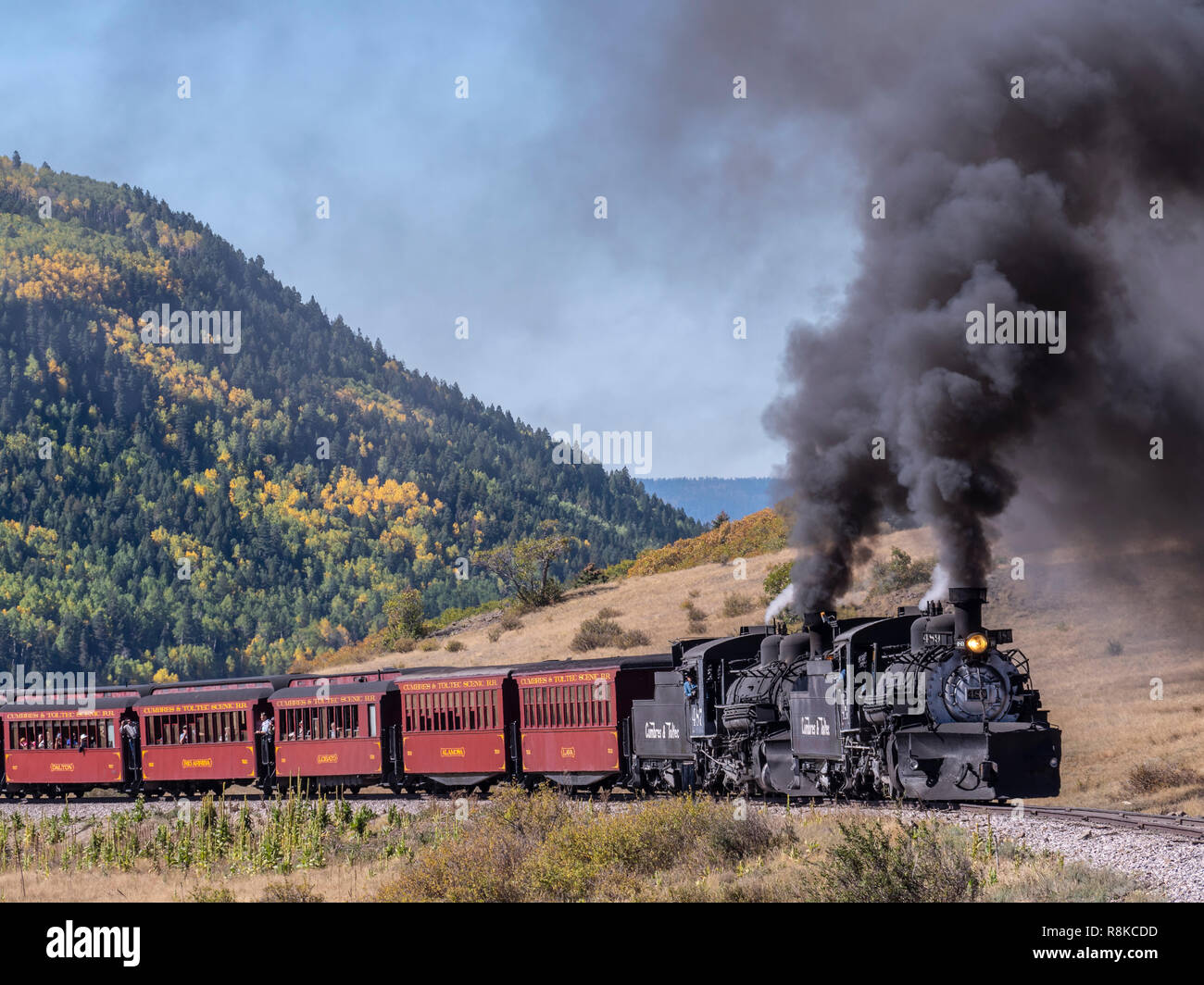 Double-header train steaming eastbound from Chama, New Mexico, Cumbres ...