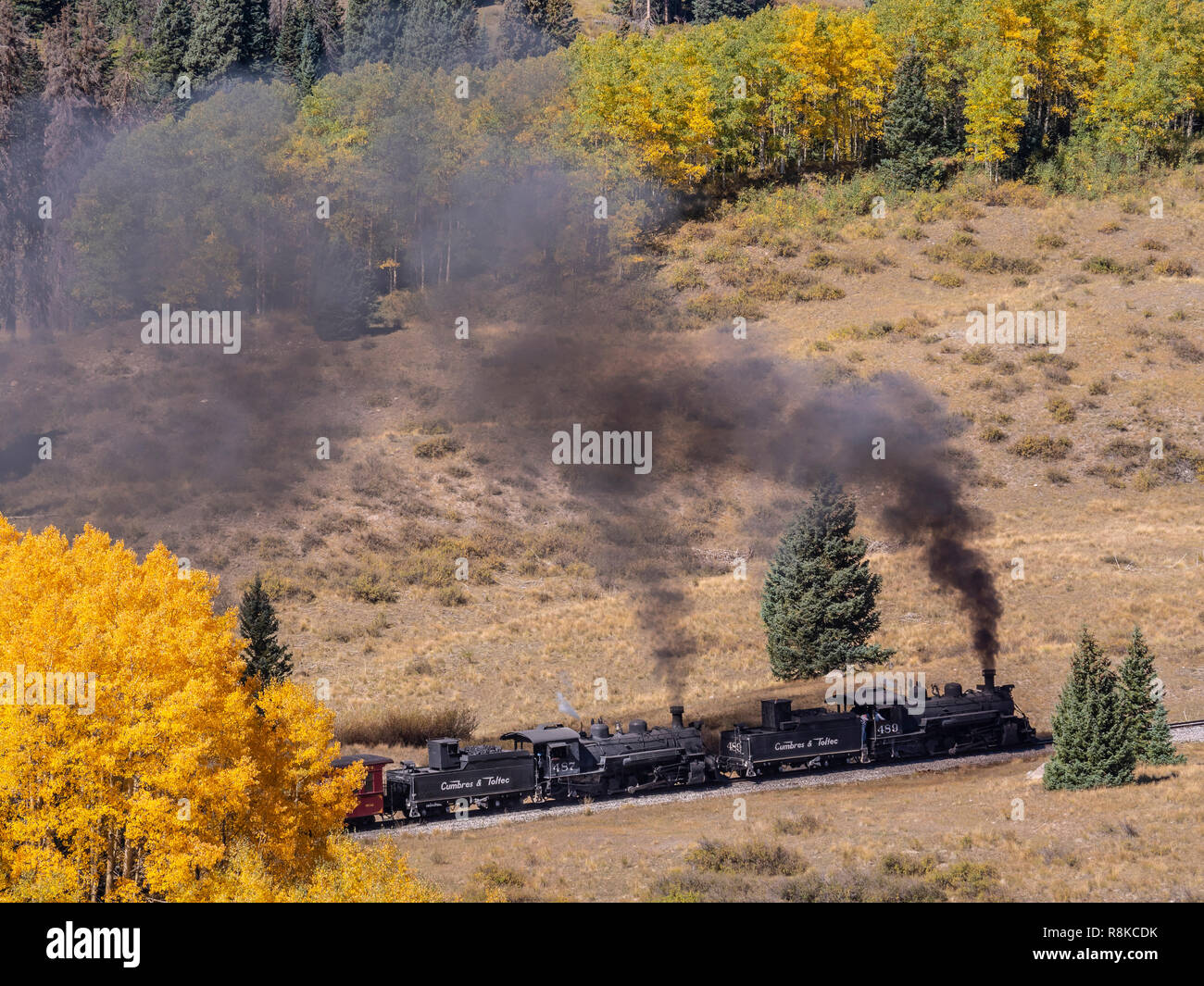 Double-header train steaming eastbound toward Windy Point, Cumbres ...