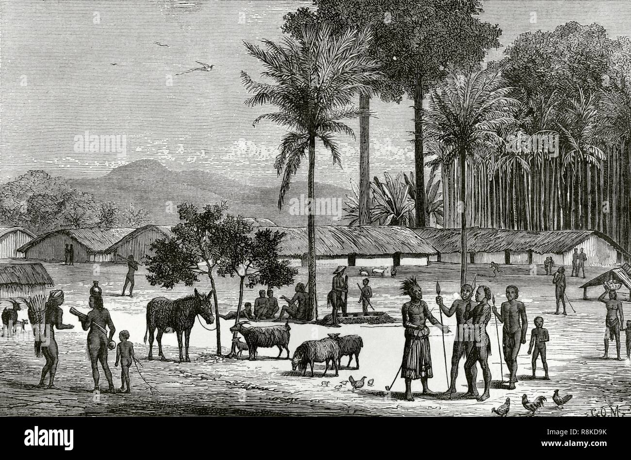 Africa Central. Una aldea de Manyema (grupo étnico bantú). Grabado ...