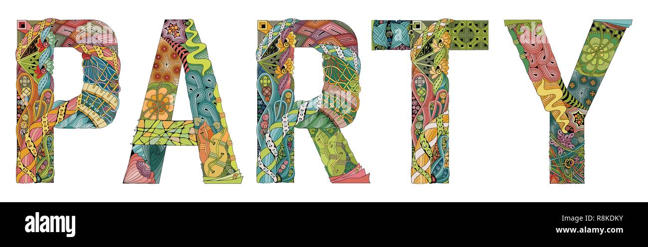 Hand-painted art design. Hand drawn illustration word PARTY for t-shirt ...