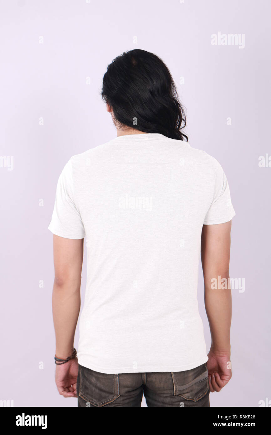 Photo image of an Asian Model showing blank white T-Shirt, rear view ...