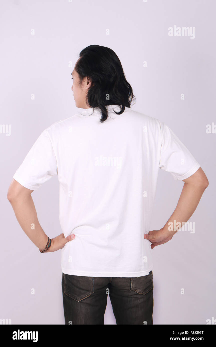 Photo image of an Asian Model showing blank white T-Shirt, rear view ...