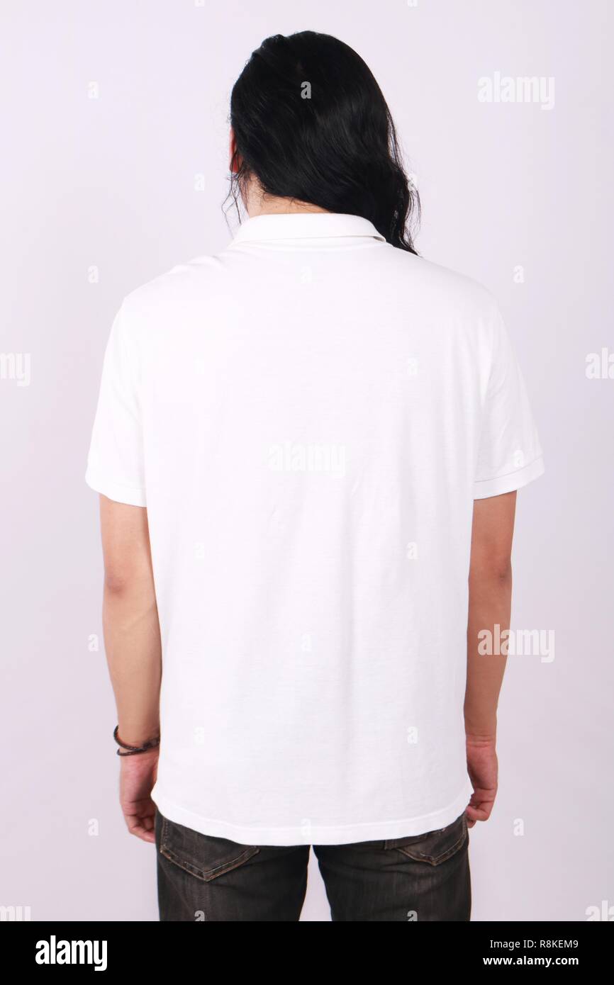 Photo image of an Asian Model showing blank white polo T-Shirt, rear ...