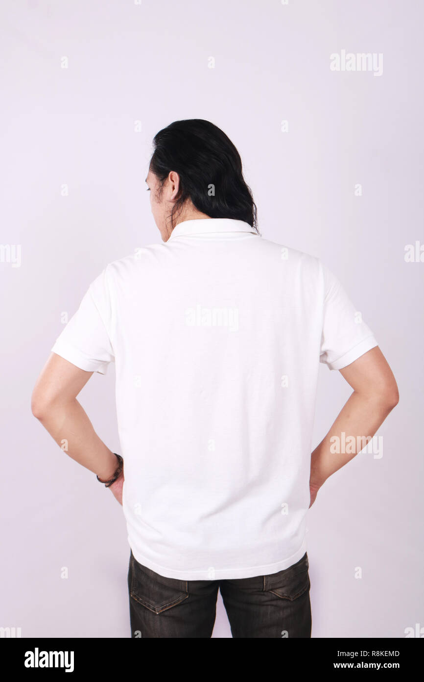 Photo image of an Asian Model showing blank white polo T-Shirt, rear ...
