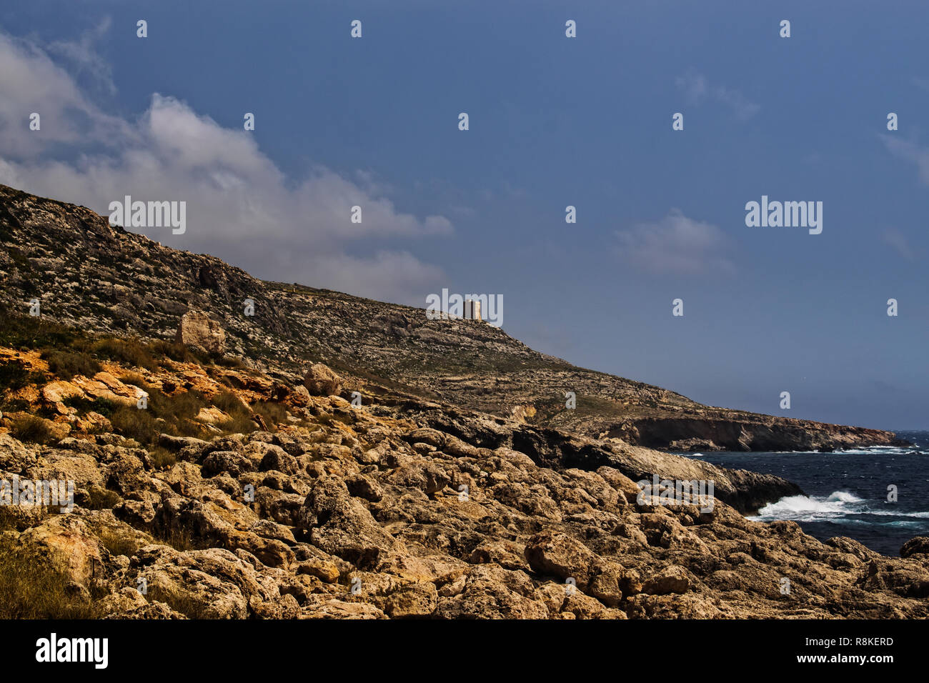A view of hills in Malta near a location known as Lapsi Cave Stock ...