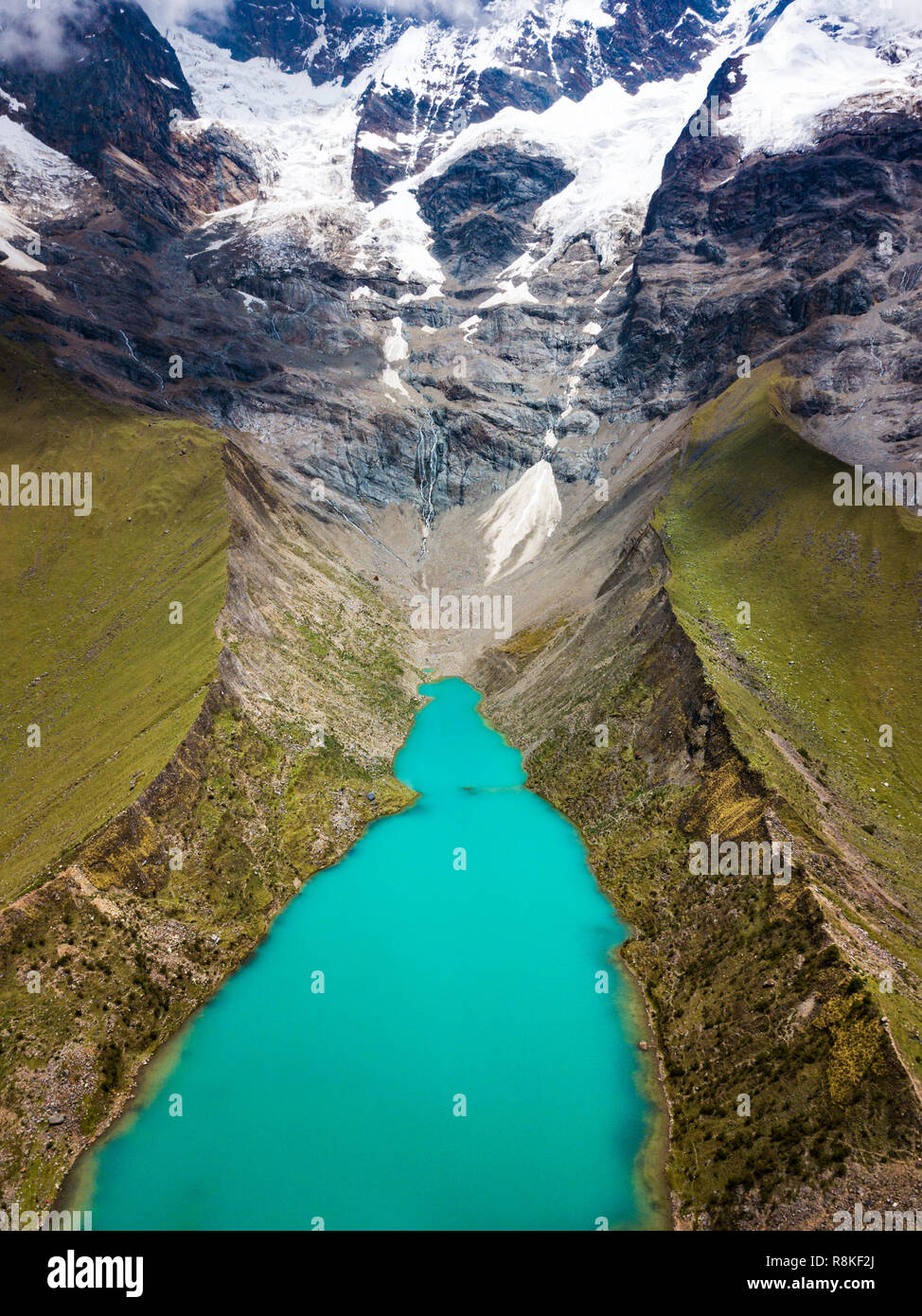 Aerial view of Humantay lake in Peru on Salcantay mountain in the Andes ...