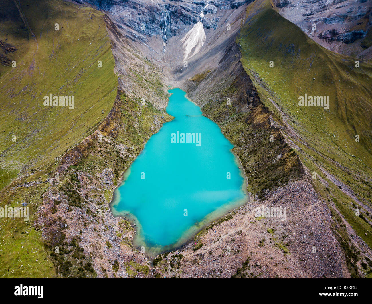 Aerial view of Humantay lake in Peru on Salcantay mountain in the Andes ...