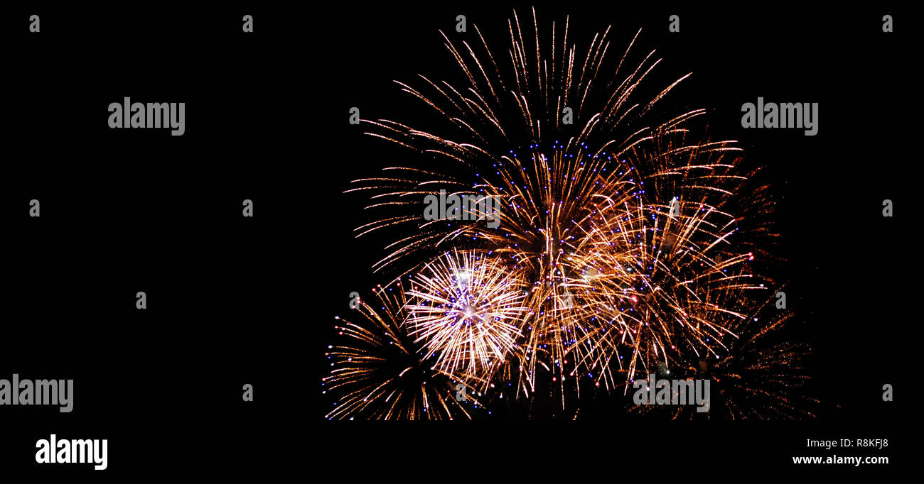 Bokeh with blurred beautiful fireworks sparkle full sky at night on ...