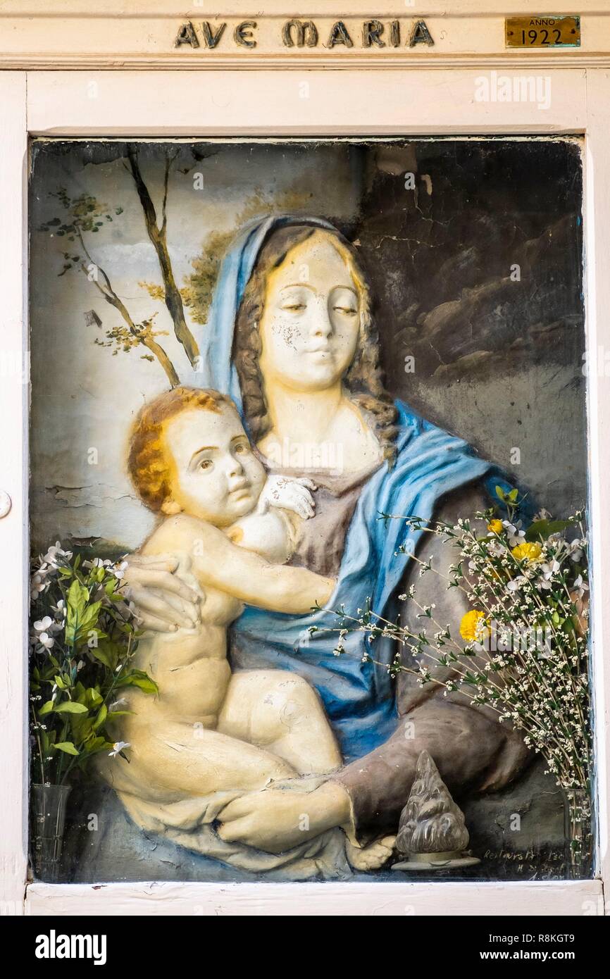 Italy, Apulia, Salento region, Lecce, pious painting on a facade of the ...