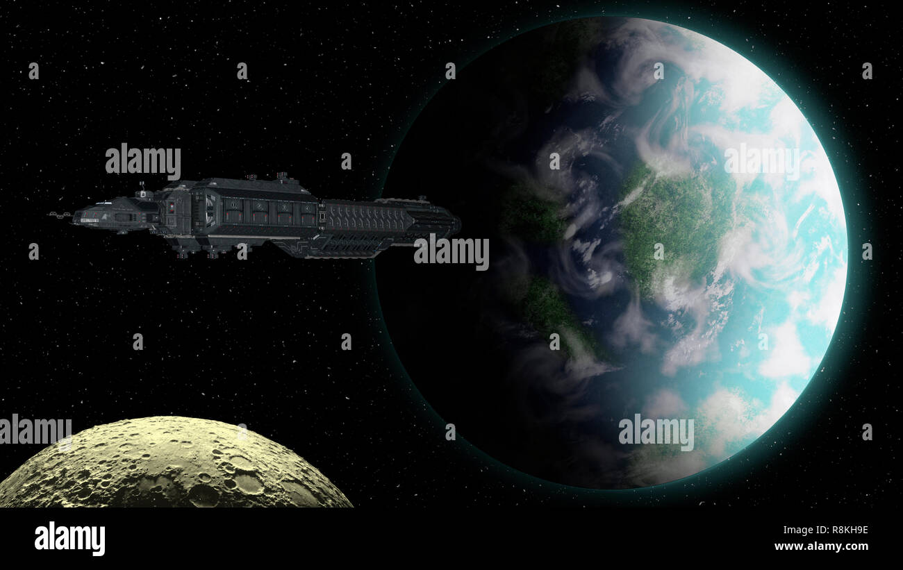 Spaceship approaching an Earthly planet - 3d rendering Stock Photo - Alamy